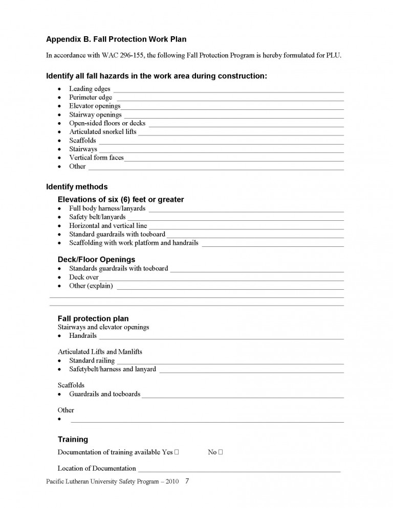 Fall Protection Appendix | Occupational Health and Safety Manual | PLU