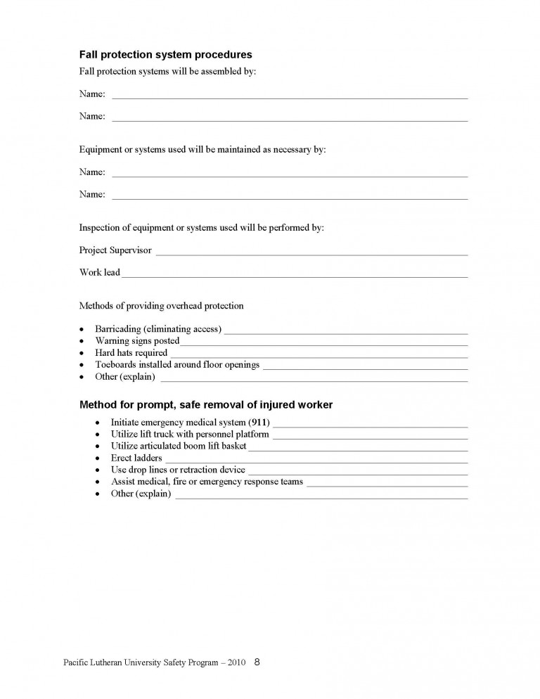 Fall Protection Appendix | Occupational Health and Safety Manual | PLU